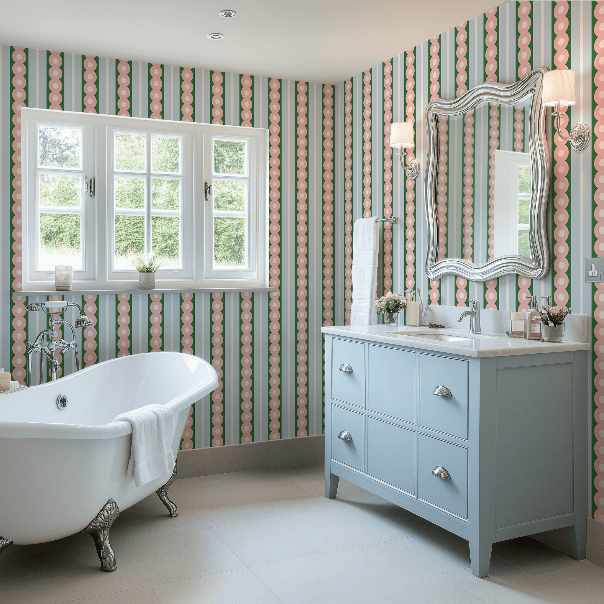Pink, Green & Blue Stripe Wallpaper | Midcentury Wide Striped Wallpaper ...